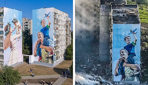 Houses destroyed by Russians with famous murals | Before-WAR-After.com